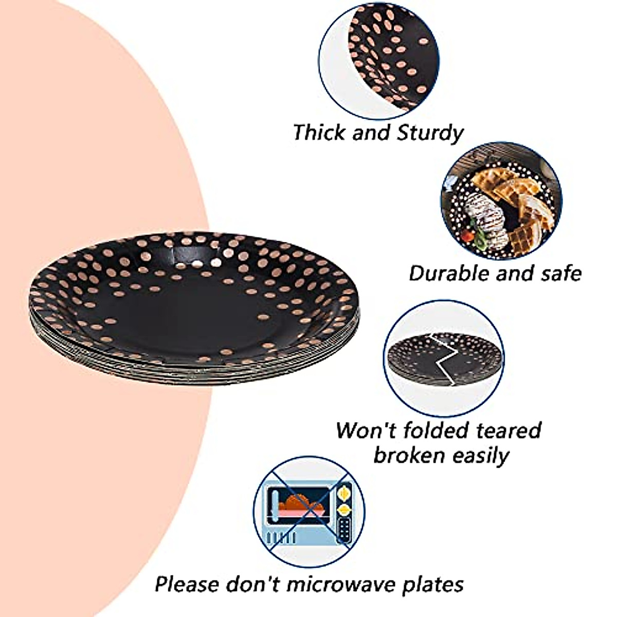 Round Disposable Black and Rose Gold Dotted Paper Plates - 50 x 9" and 50 x 7" Dinner Plates, Foil Polka Dots Occasions