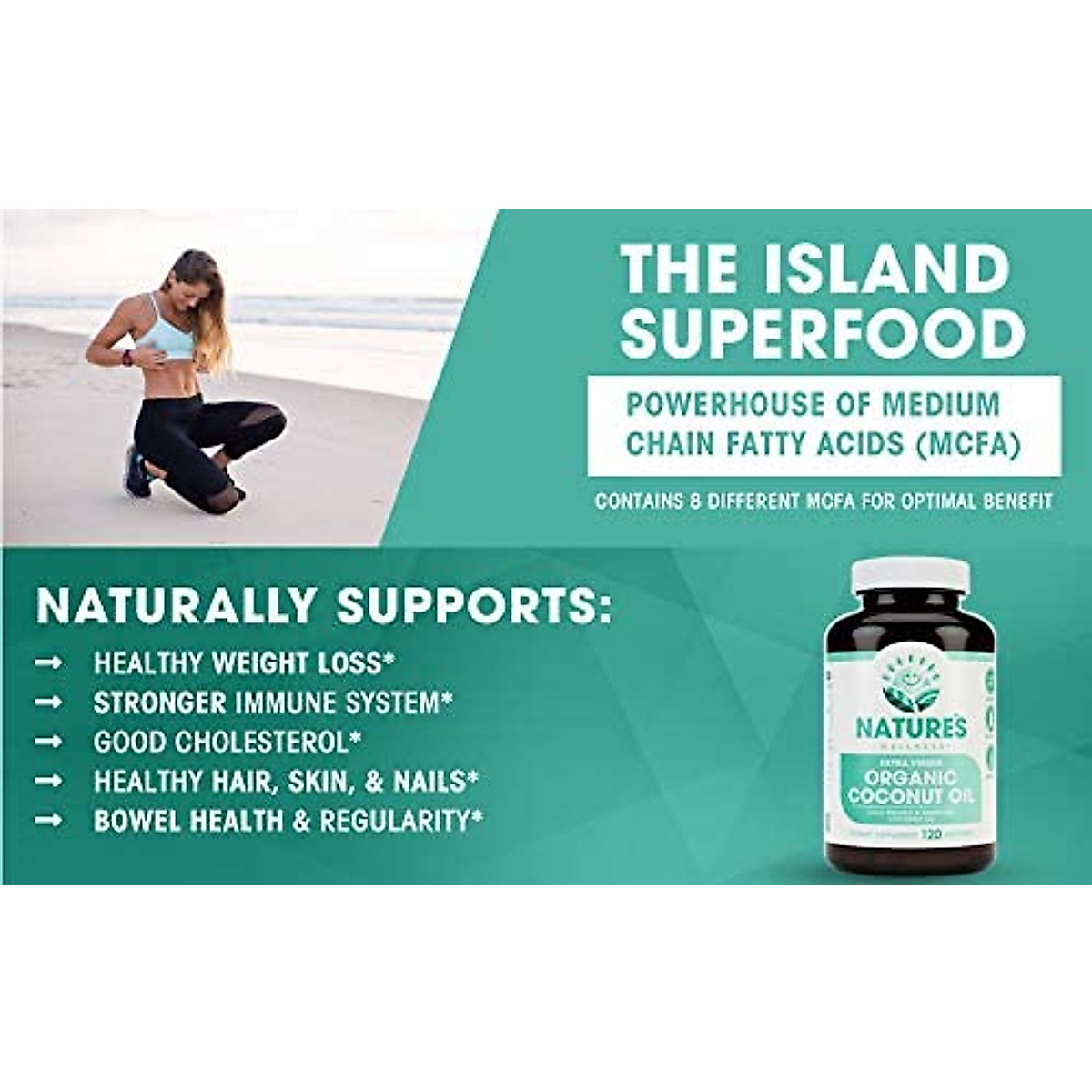 Natures Wellness Organic Coconut Oil 2000mg - Healthy Skin, Nails, Hair Growth – Extra Virgin, Cold Pressed, Unrefined Non GMO - Rich in MCT MCFA - Support Brain Function