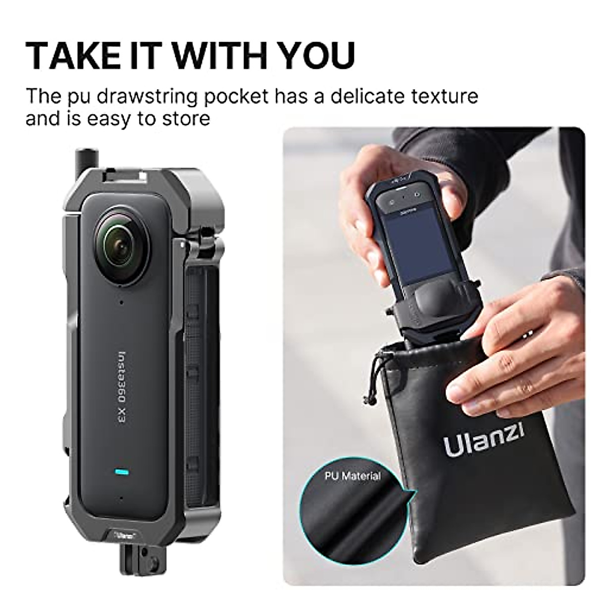 Protective Cage for insta360 X3 Accessories - ULANZI C-X3 insta360 X3 Vlog Case I Aluminum Alloy I 2 Cold Shoe I Silicone Lens Cover I Carrying Bag I No Block Mic Mount & Battery Replacement