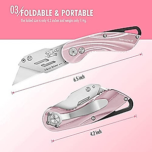 FantastiCAR Folding Utility Knife Box Cutter, 100-pcs SK5 Blades with Dispenser (Pink Set)