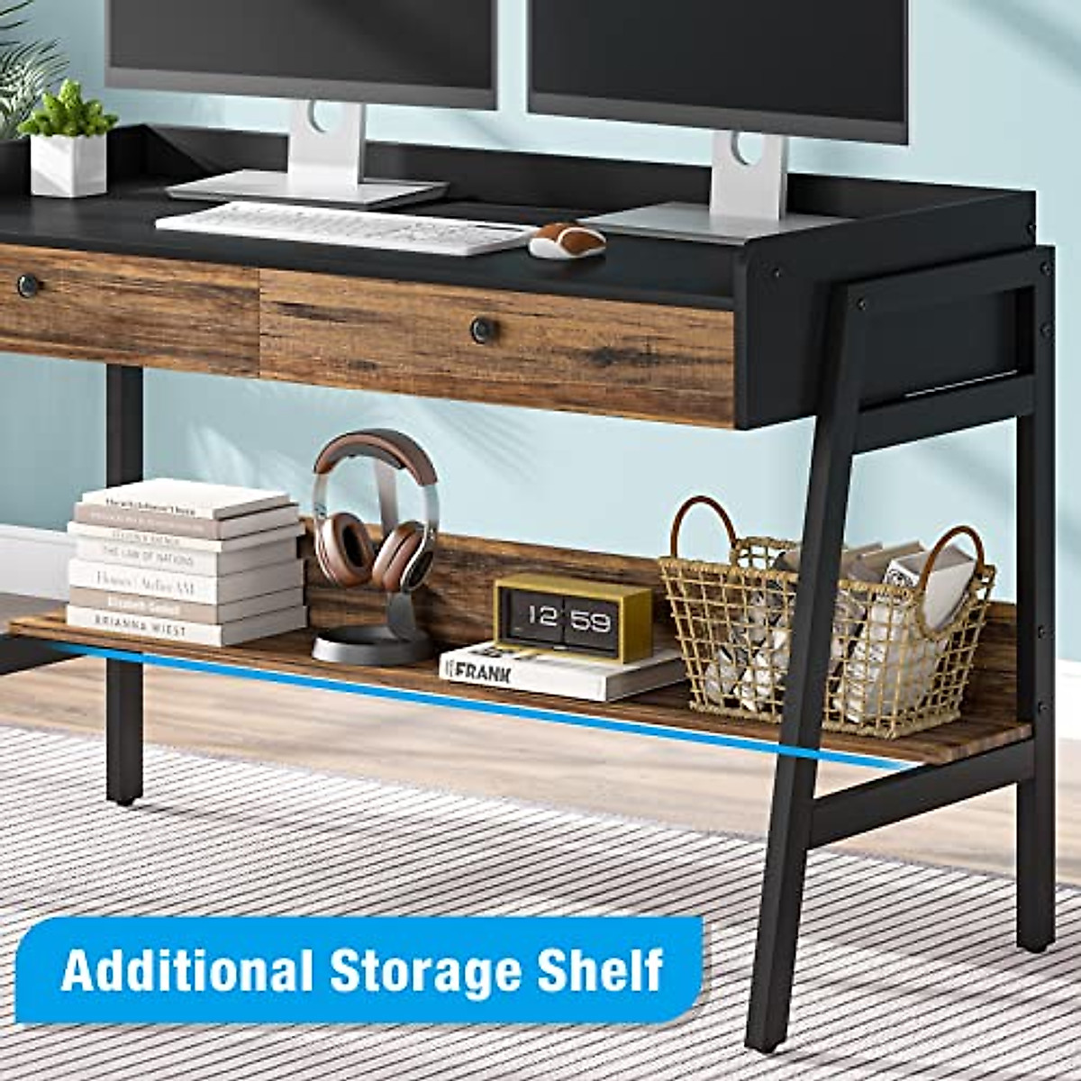 Tribesigns Computer Desk with 2 Large Drawers, 47 Inch Modern Home Office Desk with Storage Shelves, Industrial Writing Desk Study Table Workstation