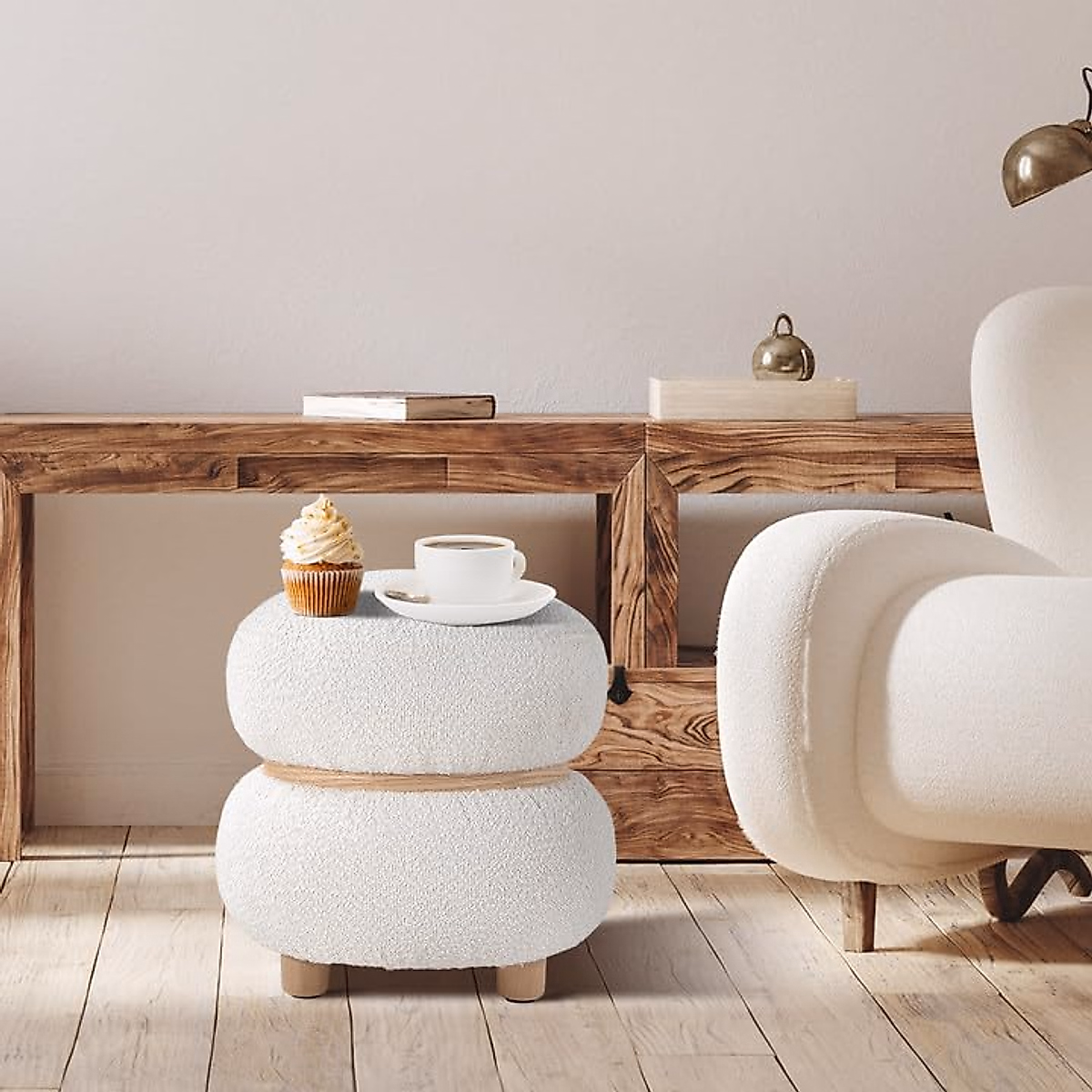 Get Set Style Round Ottoman with Soft Padded Seat, Multifunctional Vanity Chairs for Makeup, Upholstered Footrest Stool Ottoman Foot Stool for Living Room, Bedroom (White)