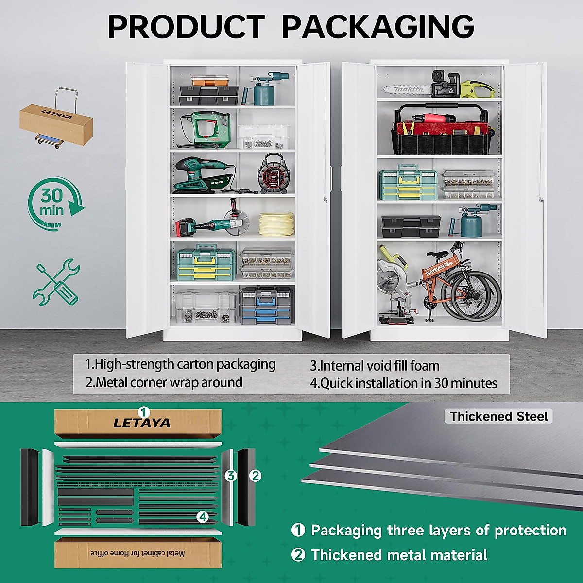 Letaya Metal Storage Cabinets with Lock Door,Steel Locker Garage Cabinets 5 Adjustable Shelves for Home,Office, Warehouse(White)