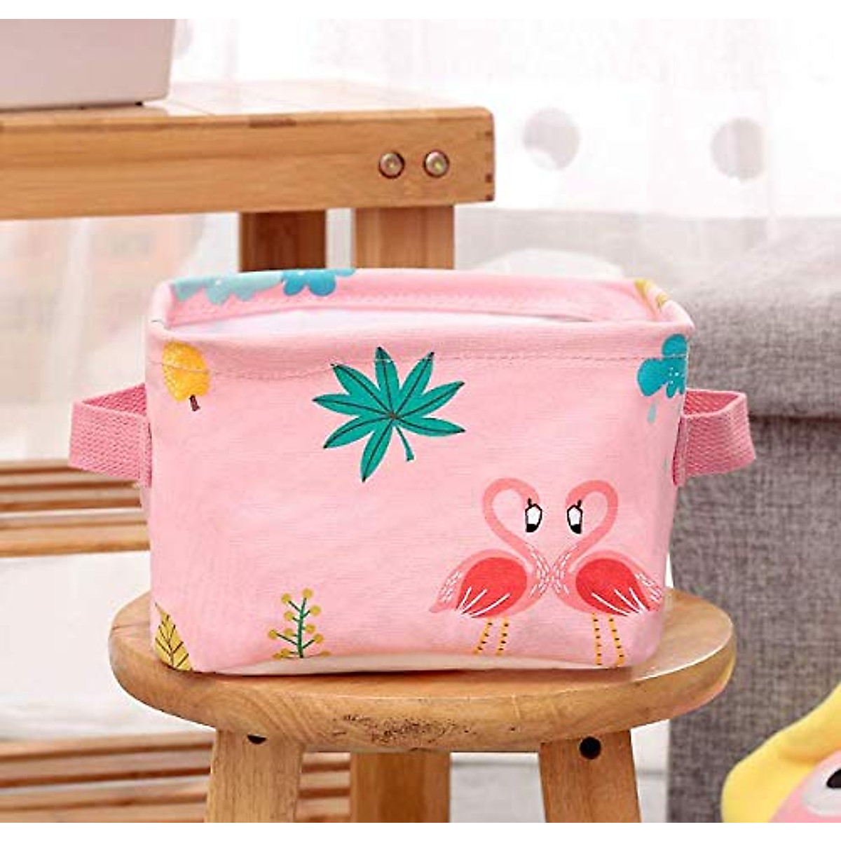 HappyDaily Cotton Linen Desktop Storage Basket, Multifunctional Foldable Household Basket Closet Organizer Toy Container Cosmetic Storage Box (Pink Flamingo)