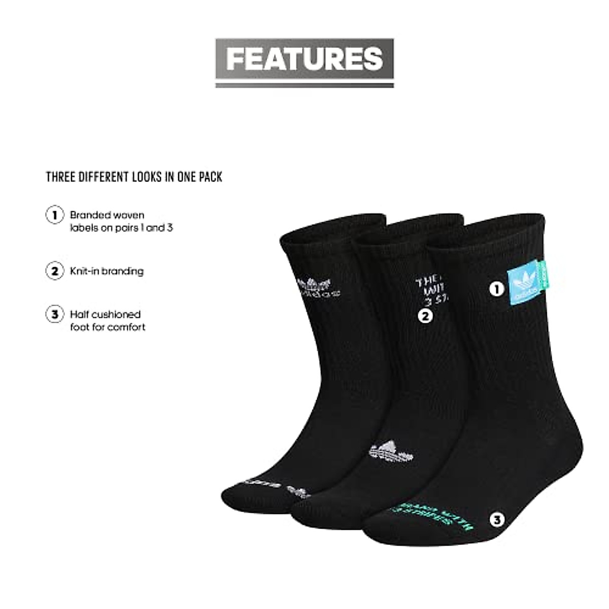 adidas Originals Mixed Graphics Cushioned Crew Socks (3-Pair), Black/Hi-res Green/Sky Rush Blue, Large