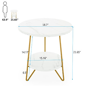 Tribesigns Faux Marble End Table, 2 Tier Round Side Table with Shelves, Modern Gold Nightstand Bedside Table Small Coffee Accent Table for Living Room Bedroom, White and Gold