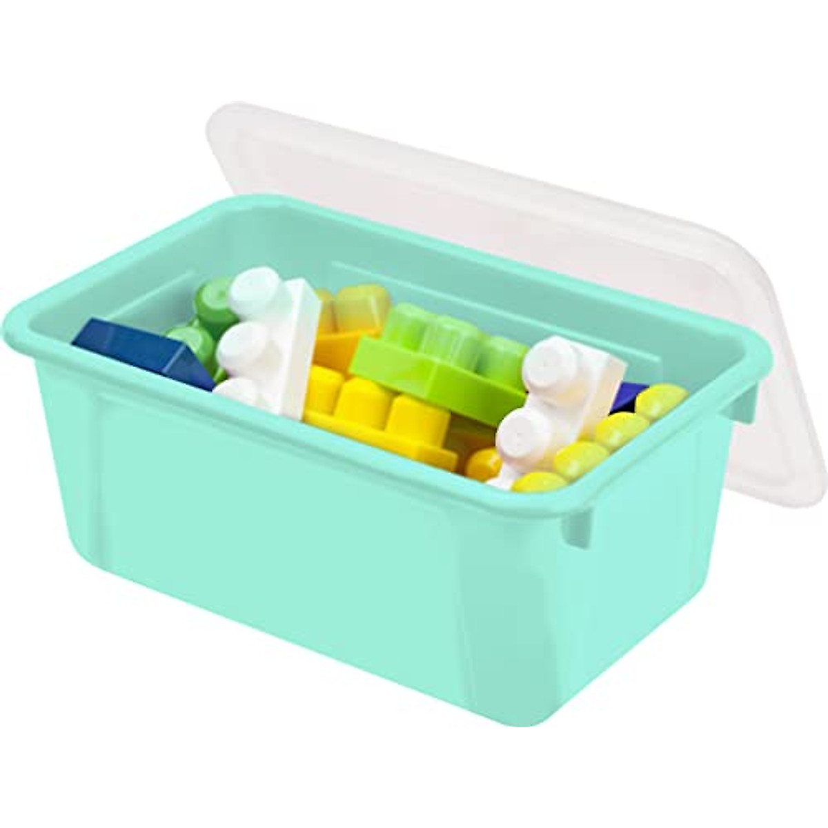 Storex Small Cubby Bins – Plastic Storage Containers for Classroom with Non-Snap Lid, 12.2 x 7.8 x 5.1 inches, Teal, 5-Pack (62412U05C)