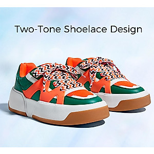 LUCKY STEP Women’s Platform Fashion Sneakers Lace up Casual Faux Leather Comfortable Thick Sole Tennis Walking Shoes (Green/Orange, 7 B(M) US)