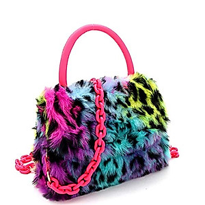 Cute Retro Plastic Chain Vegan Leather Fur Mini Satchel Bag Crossbody Clutch (2Faux Fur Leopard Multicolor/Neon Pink Chain)