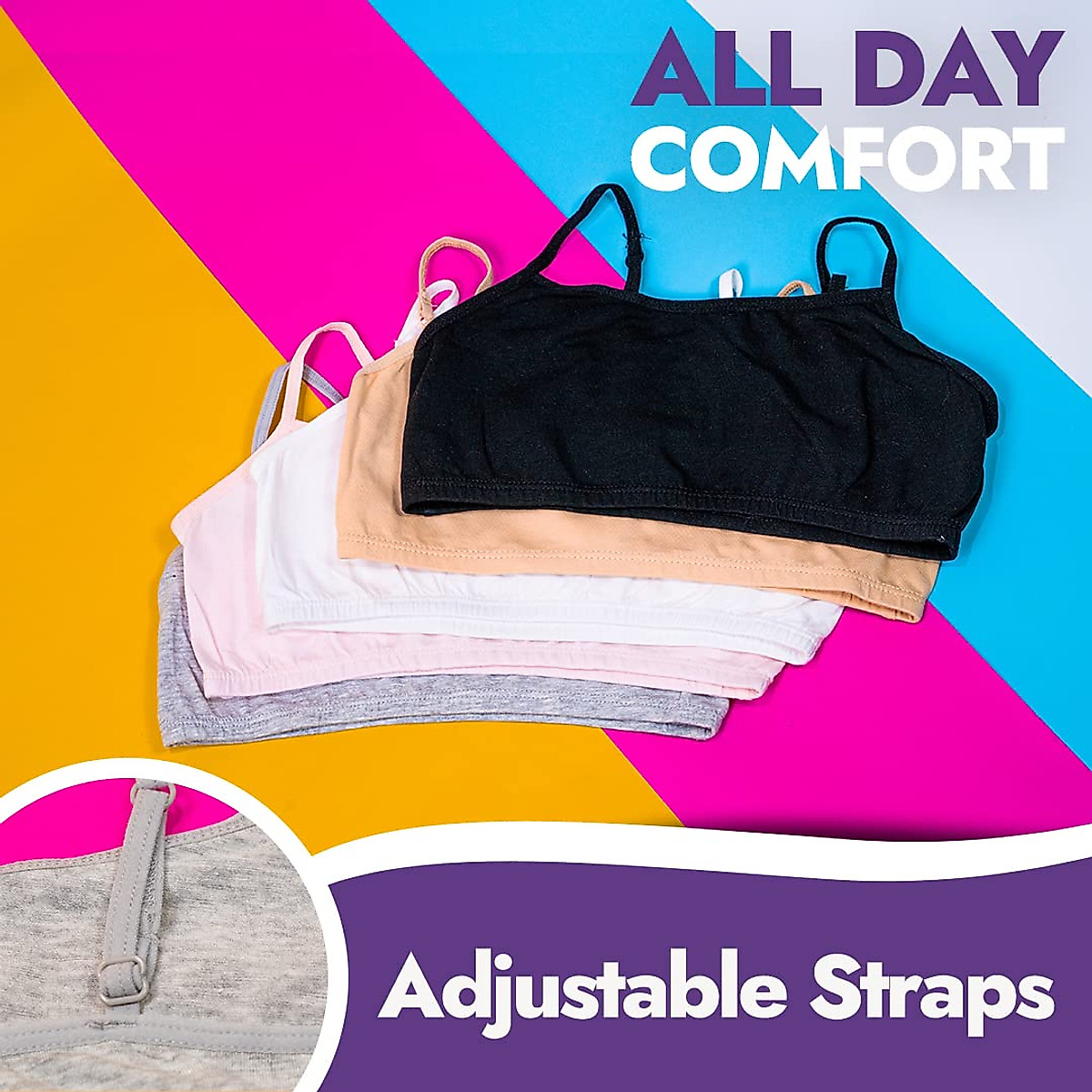 Popular Cotton Girls Training Bra - Crop Cami w Adjustable Straps. Bra Pack 5 PK Neu 7/8