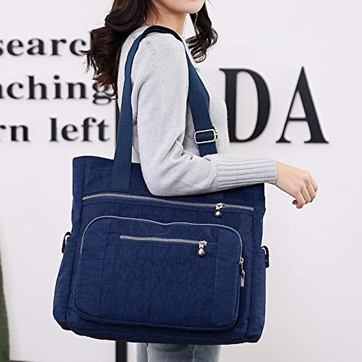 Nawoshow Women Canvas Tote Bag Waterproof Nylon Multi Pocket Shoulder Bags Work Bag Teacher Purse and Handbags (A-Dark Blue)