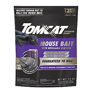 Tomcat Advanced Brand Mouse Bait with Refillable Station, Indoor and Outdoor Use, 1 Station and 12 Poison Block Refills