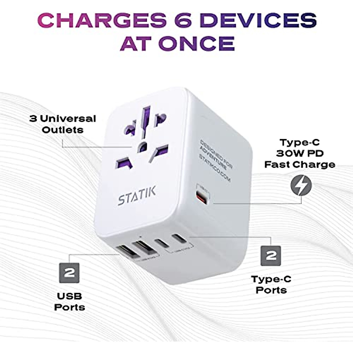 Statik GloboCharge Universal Travel Adapter to Over 200 Countries, 30W International Plug Adapter, 5 USB Ports Wall Charger with Type A & Type C, Fast Charging Worldwide Power Plug Adapter
