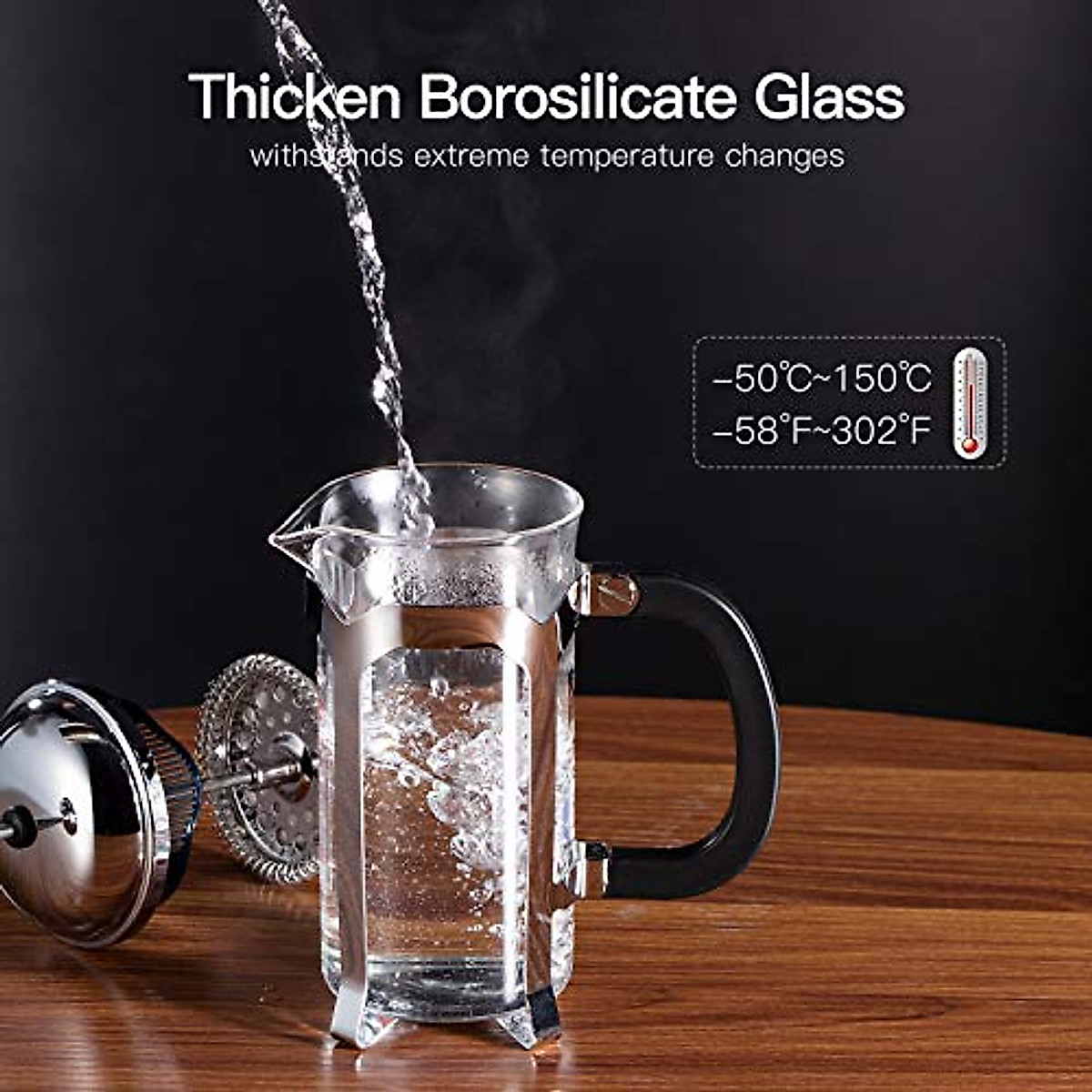 EAXCK 12oz French Press Coffee Maker, 304 Stainless Steel Coffee Press 4 Level Filtration System, Heat Resistant Thickened Borosilicate Glass, Easy Clean,100% BPA Free, Suitable for Single Person Use