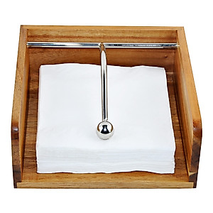Spiretro Cocktail Paper Napkin Flat Holder, Decorative Beverage Napkin Caddy with Sophisticatedly Metal Center Bar, Solid Acacia Wood with Grain for Kitchen Dinging Countertop, Rustic Natural Brown