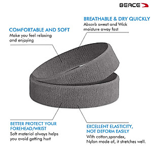 BEACE Sweatbands Sports Headband for Men & Women - 6PCS Moisture Wicking Athletic Cotton Terry Cloth Sweatband for Tennis, Basketball, Running, Gym, Working Out