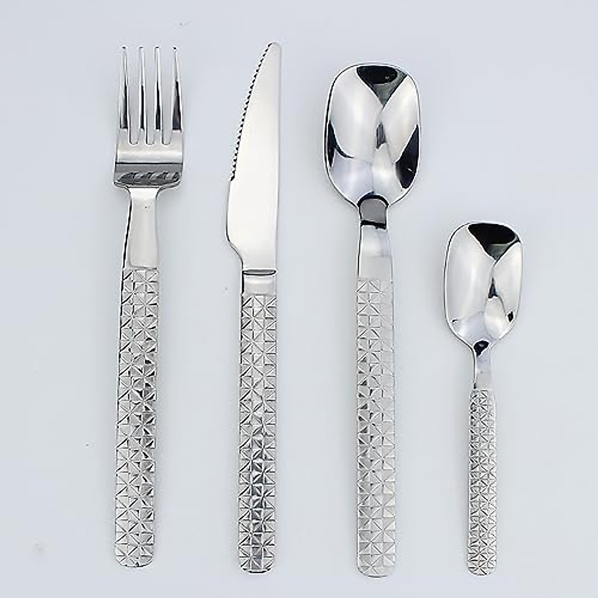 Silverware Set Flatware Cutlery Geometric Hammered Stainless Steel Kitchen Utensils Tableware，Mirror Finished，Service with Steak Knives Dinner Fork Knife Spoon