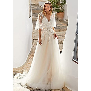 YMSHA Ball Gown Wedding Dresses Ivory Long Spaghetti Straps Sleeveless Lace Appliques Bohemian Bridal Gowns for Wedding Party 10