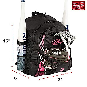 Rawlings Storm Girls Softball Bag - Sized for Youth Softball Backpack for Girls or TBall Bag – Holds Two Bats – Includes Hook to Hang on Fence - Black and Pink
