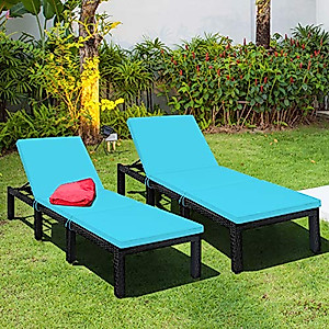 Tangkula Patio Wicker Lounge Chair, Outdoor Rattan Adjustable Reclining Backrest Lounger Chairs, Modern Outside Rattan Chaise with Seating and Back Cushion (2, Turquoise)