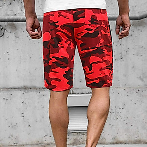 Men's Cargo Short Summer Casual Fitness Bodybuilding Camouflage Print Workout Shorts(Red, XXL)