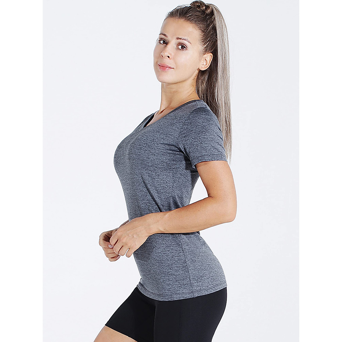 CADMUS Workout t-Shirts for Women Quick Dry Gym Shirts V-Neck, Black, Grey, Wine Red, Large