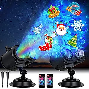 2 Pieces Christmas LED Projector Lights, LED Projection Light with Remote Control 2-in-1 Ocean Wave LED Waterproof Light Outdoor Indoor for Holiday Party Decorations (16 Slides 10 Colors)