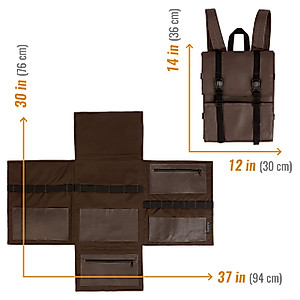Under NY Sky Knife Bag - Brown Real Leather - 13 Knife Slots, 2 Zipped Pockets for Kitchen Utensils, Large Pocket for Tablets & Notebooks - Expandable - Tool Storage Bag Style for Chefs, Cooks, BBQ