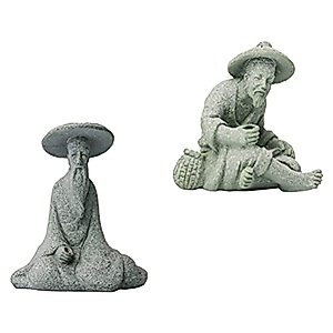 2Pcs Mini Fisherman Figurines Ceramics Chinese Mudman Sitting Fishing Garden Statue for Micro Pot Flower Vase Aquarium Decorations Asian Decor for Zen Garden, Gray, 4.5x4cm (17P5SY00210913VJ)