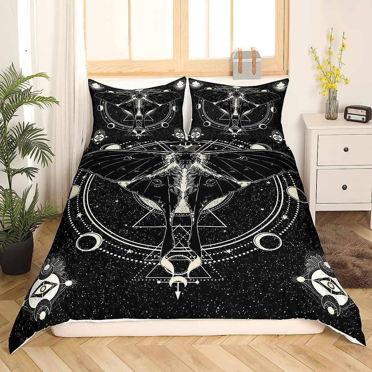 Castle Fairy Death Moth Comforter Cover Full Size,Stars and Moon Phase Space Duvet Cover with 2 Pillowcases,3 Piece,Abstract Exotic Aesthetic Polyester Bedding Set for Boys Teens Bedroom Decor