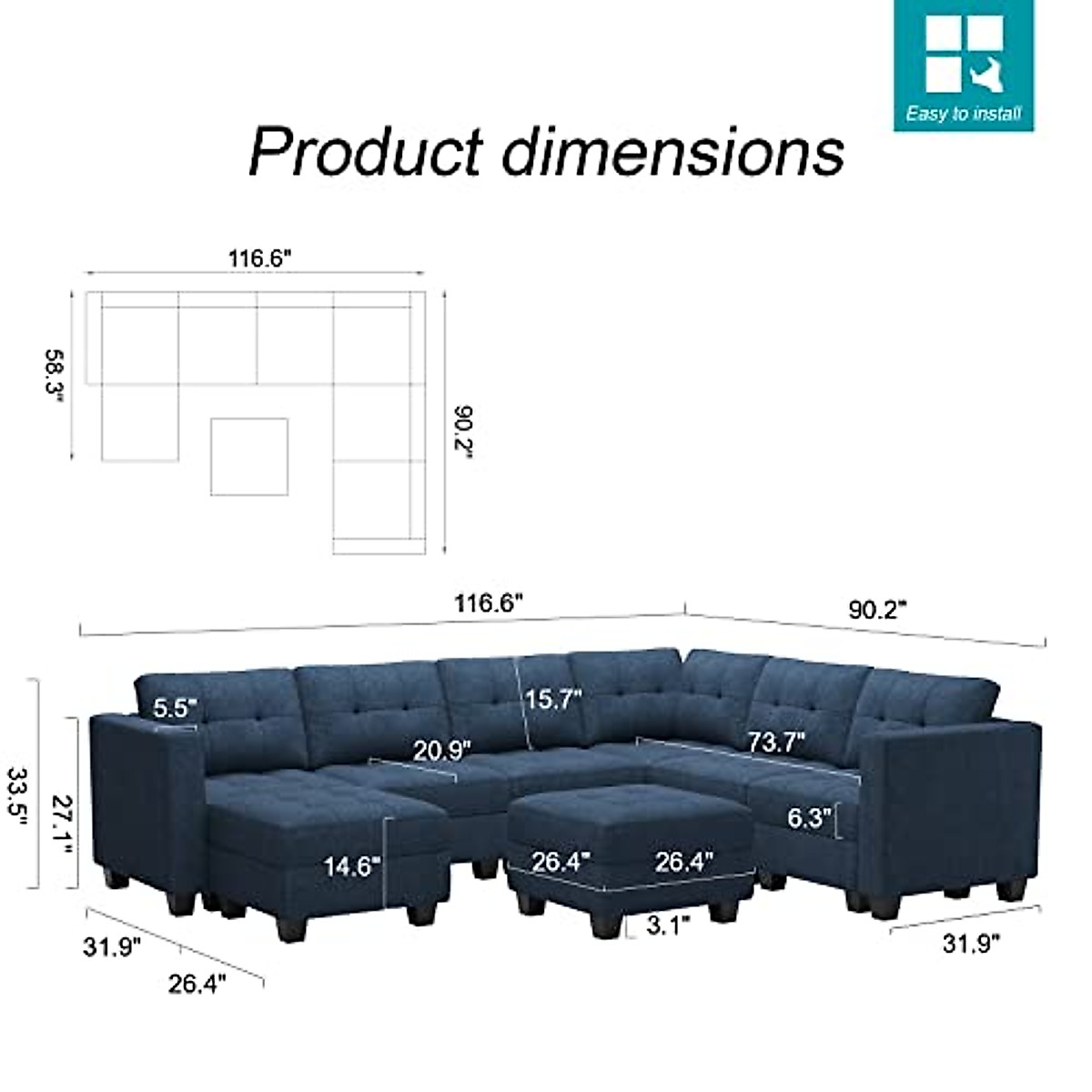 Belffin Modular Sectional Sofa Set with Ottomans Oversized U Shaped Sofa Set with Storage Seat Modular Sofa Couch with Reversible Chaises Modern Fabric Blue