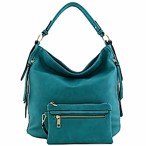 2pc Set Faux Leather Large Hobo Bag with Pouch Purse (Teal)