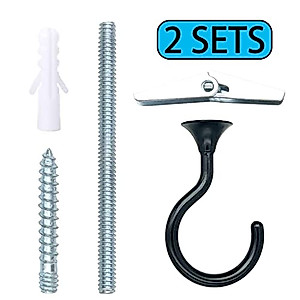 Evsteluo 2 Sets Large Swag Ceiling Hooks Heavy Duty Swag Hook with Hardware for Hanging Plants Ceiling Installation Cavity Wall Fixing (2 Sets, Black)