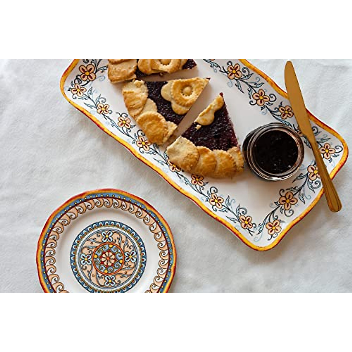 Euro Ceramica Duomo Collection Italian-Inspired 16.8" Rectuangular Ceramic Serving Tray with Organic Edges, Floral Design, Multicolor