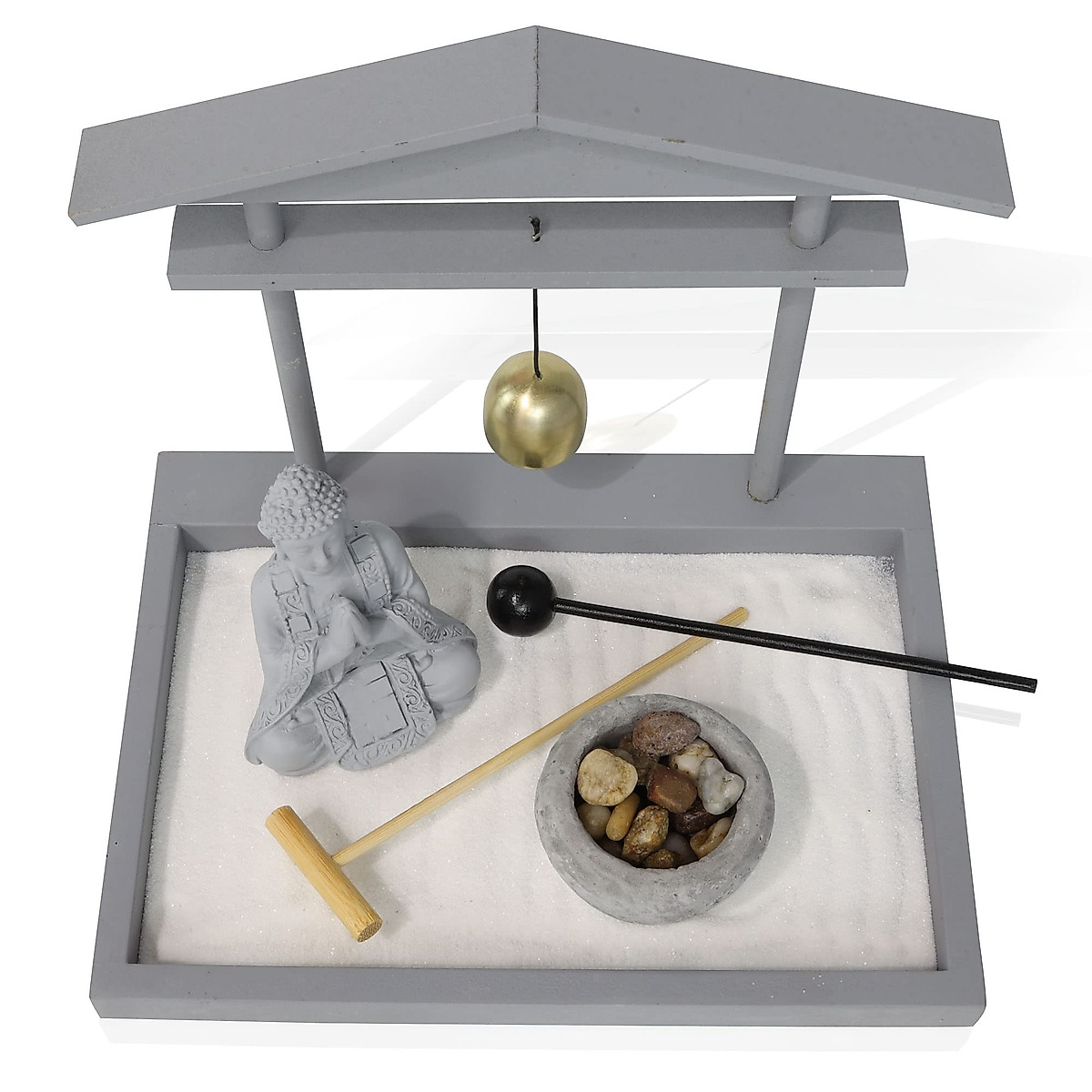 Gray Japanese Zen Garden Sand Box with Miniature Gold Bell Design - Mini Buddha Statue in Sand - Perfect Meditation Gifts for Relaxation and Mindfulness - Perfect Home and Office Decor