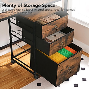 HOOBRO 3-Drawer Mobile File Cabinet, Vertical Filing Cabinet, Under Desk Cart with Drawers for Home Office, Rolling Printer Stand, A4/Letter-Sized, Fabric Drawer, Rustic Brown BF30WJ01