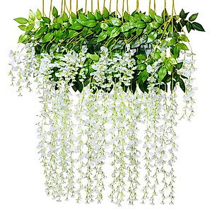 12 Pieces of 3.6 Feet/Piece of Artificial Fake Wisteria Vine Ratta Hanging Garland Silk Flower String-Like Family Party Wedding Garden Outdoor Office Wall Decoration (Green, 12)