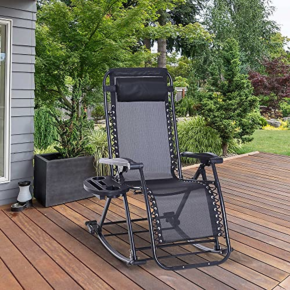 Outsunny Outdoor Rocking Chairs, Foldable Reclining Zero Gravity Lounge Rocker w/Pillow, Cup & Phone Holder, Combo Design w/Folding Legs, Black