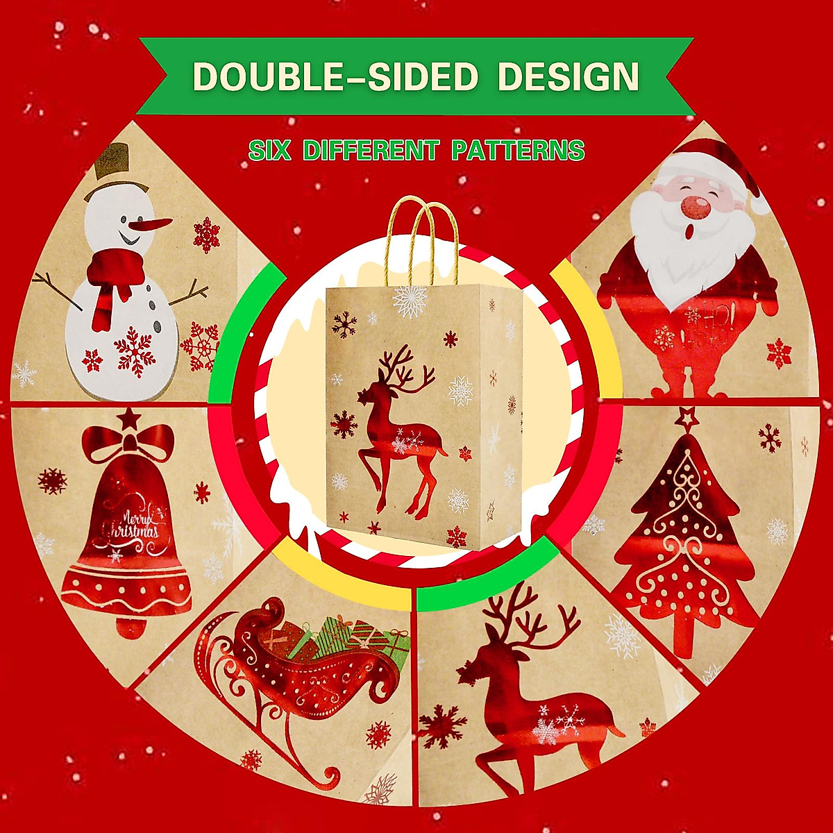 U-PTY 24PCS Christmas Paper Gift Bags with Handles for Holiday Treats and Party Supplies