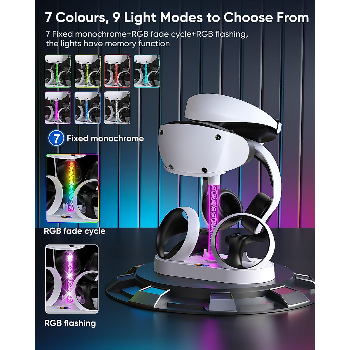 FASTSNAIL Charging Stand for PlayStation VR2, Multifunction Vertical PS VR2 Headset & Sense Controllers Charge Dock Station with 10 RGB Light Modes of Memory, for PS5 VR2 PSP Games Accessories