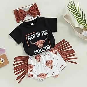 Western Baby Girl Clothes Boho Cow Print Short Sleeve T Shirt Top + Bloomer Shorts Set Infant Summer Outfits (A-Black, 3-6 Months)