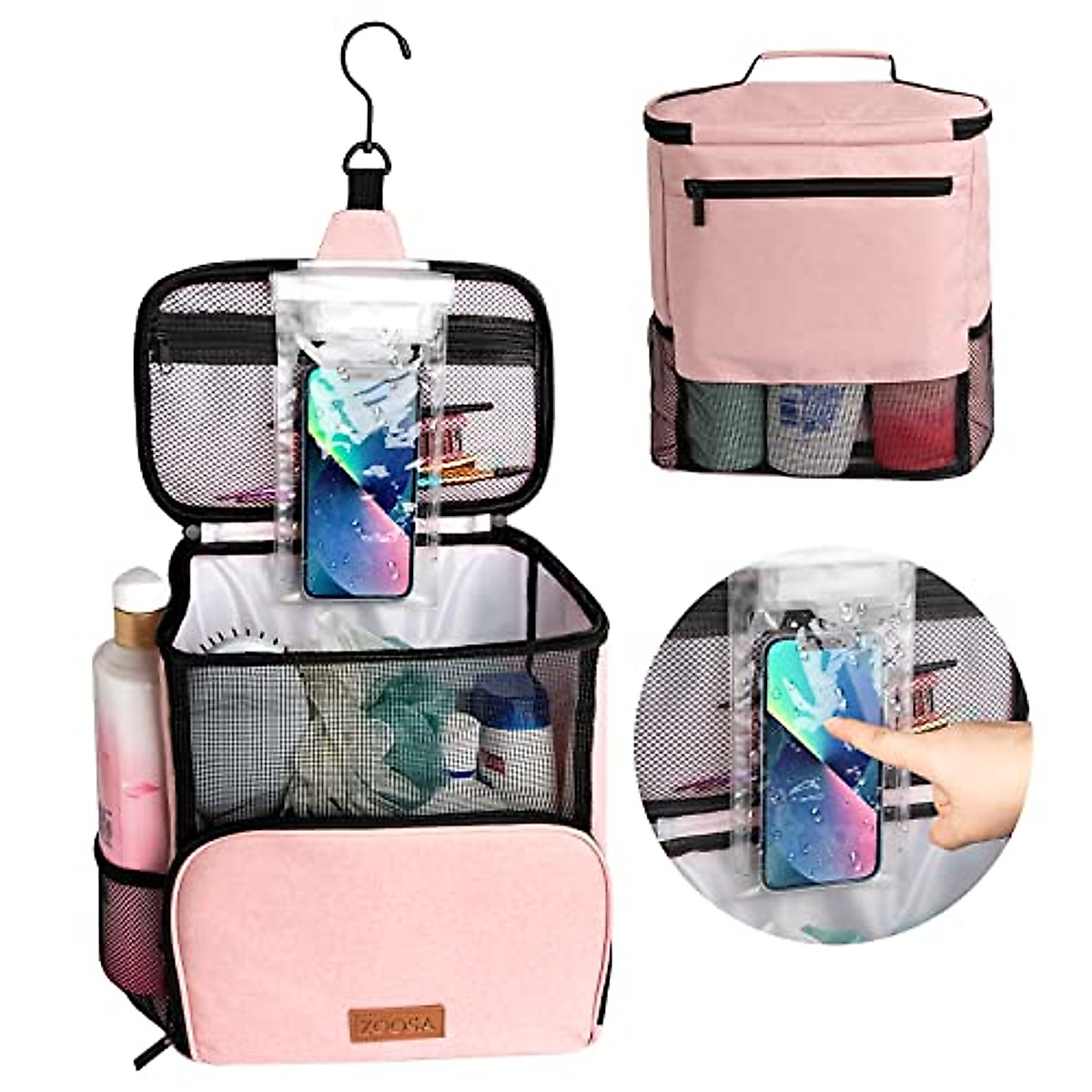 Shower Bag with Phone Pocket Holder, Extra Large Portable Hanging Mesh Shower Bathroom Tote Caddy for College Dorm, Travel, Gym, Camping, Quick Dry Shower Carrier for Women Men