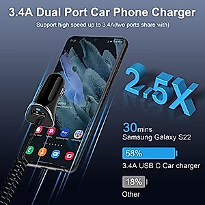 Android Type C Fast Car Charger for Samsung Galaxy S23 A14 A54 Z Fold 4 Z Flip 4 S22 Ultra A53 A13 A03s A32 A52 S21 FE S20,3.4A Fast Car Charging Cigarette Lighter Adapter with 3ft USB C Coiled Cable