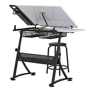 Fusion Drafting Table with Stool, Height Adjustable Desk with Tilt Top, Charcoal / White