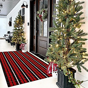 KIMODE Christmas Door Mat Outdoor 35"x59",Red and Black Buffalo Plaid Rug,Washable Cotton Hand-Woven Layered Door Mats,Reversible Outdoor Christmas Decor for Front Porch,Entryway,Kitchen