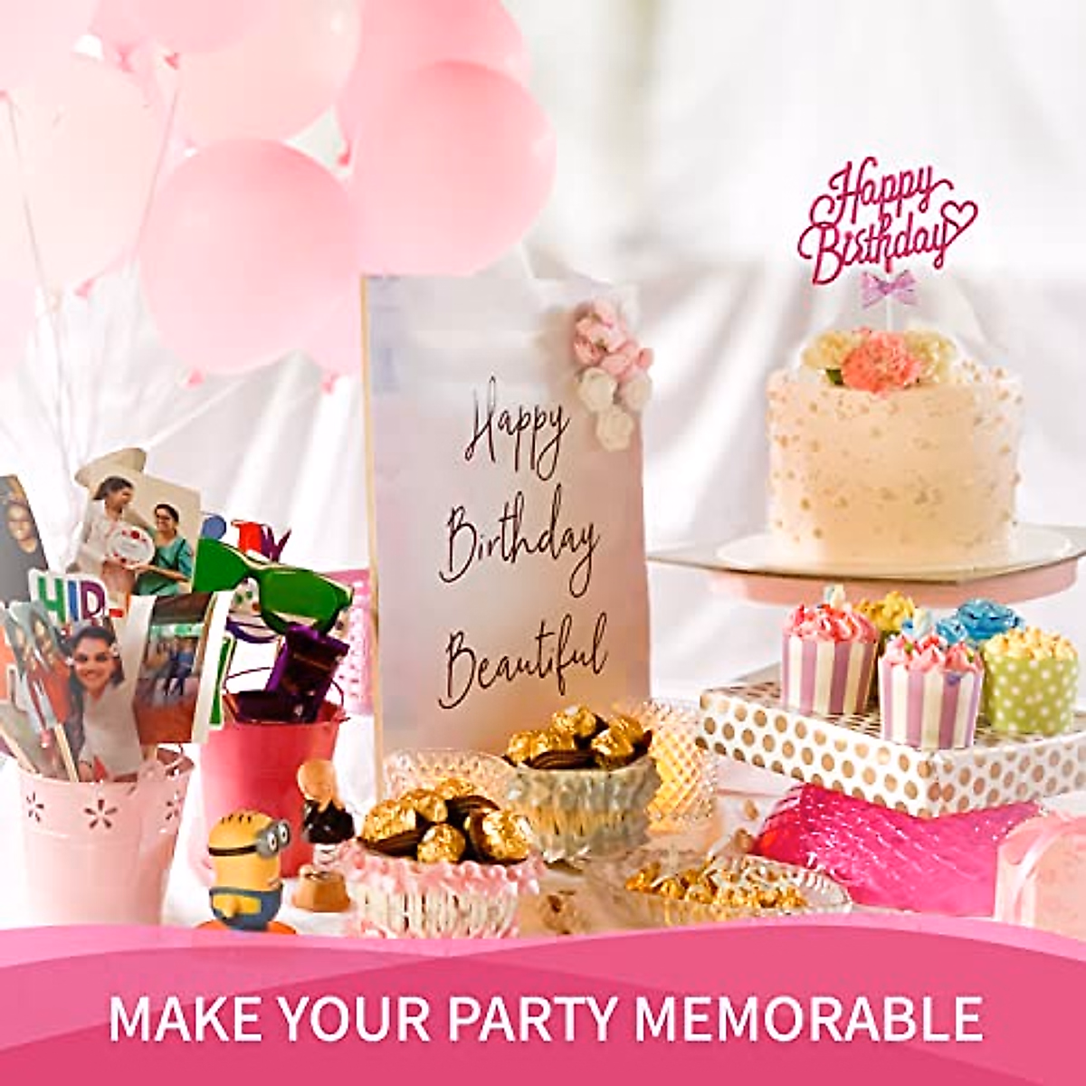 Hot Pink Happy Birthday Cake Topper Plastic - 3D Double Sided Happy Birthday Sign for Cake with Bow, Idea for Birthday Cake Decoration and Birthday Photo Booth Props (HOT PINK)