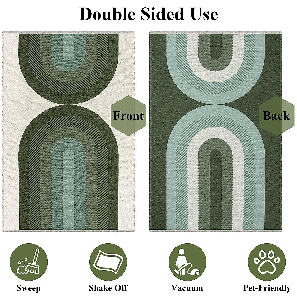 Lahome Washable Green Rugs for Living Room -5x7 Area Rugs Ultra-Thin Woven Boho Rugs Modern Rainbow Rugs for Bedroom, Cotton Reversible Low Pile Carpet for Playroom Dining Room (5'x 7', Green)