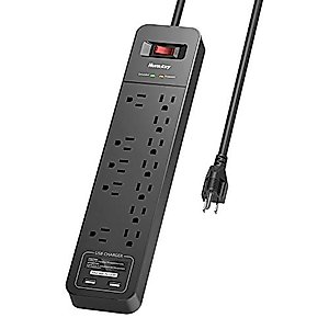 Huntkey Power Strip Surge Protector, 12 Outlets with 2 USB A Ports, 6ft Heavy Duty Extension Cord for Home, Office, Dorm Essential, 2390 Joules, ETL Listed, Black