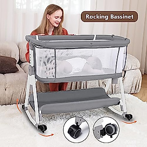 zebrater Baby Bassinet Bedside Sleeper with Storage Basket and Wheels,All Mesh Bedside Bassinet for Baby,7 Adjustable Height Portable Bedside Crib Co Sleeper for Newborn/Infant(3 in 1,Grey)