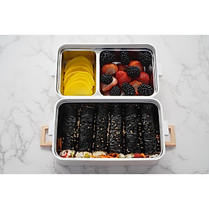 gimmiebox premium stainless steel bento box lunch box with compartments for adults, spoon and fork, leak-proof, easy side locks (White)